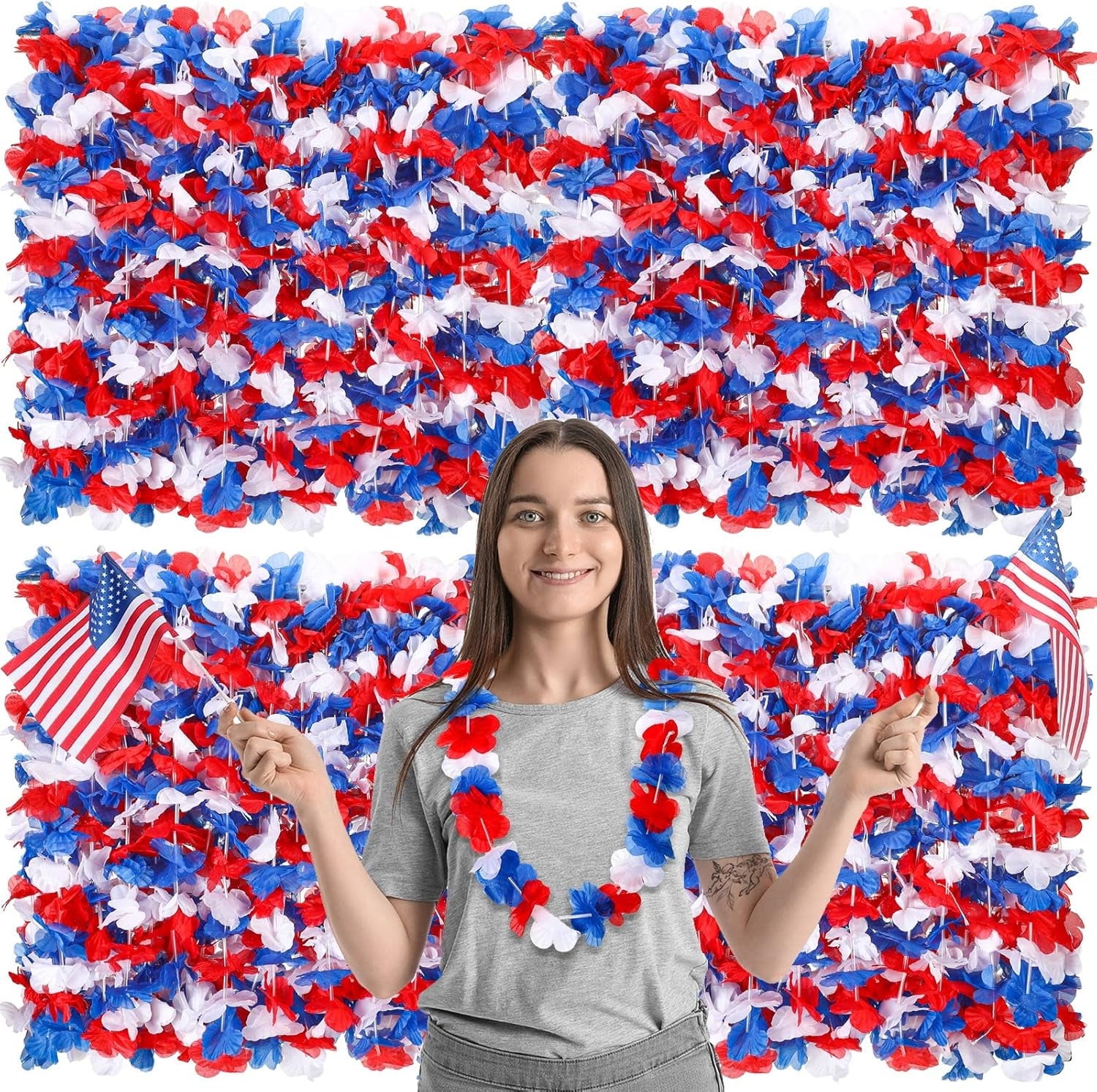 24 Pcs Red White and Blue 4th of July Party Lei Patriotic Plastic ...