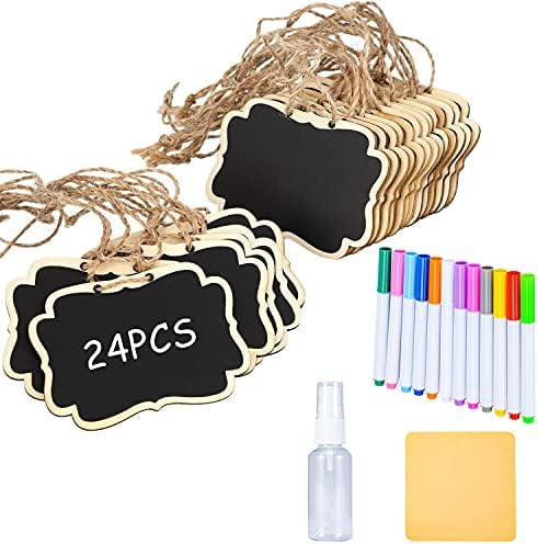 24 Pcs Reusable Mini Wood Chalkboards with Hanging String Erasable ...