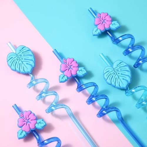24 Pcs Reusable Plastic Straws Cartoon Ohana Party: Leaf Shaped Blue ...