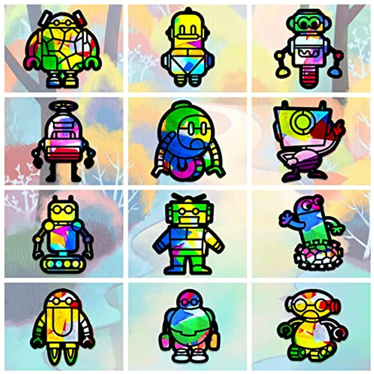 24 Pcs Robot Stained Glass Effect Suncatchers Paper Window Clings Robot ...
