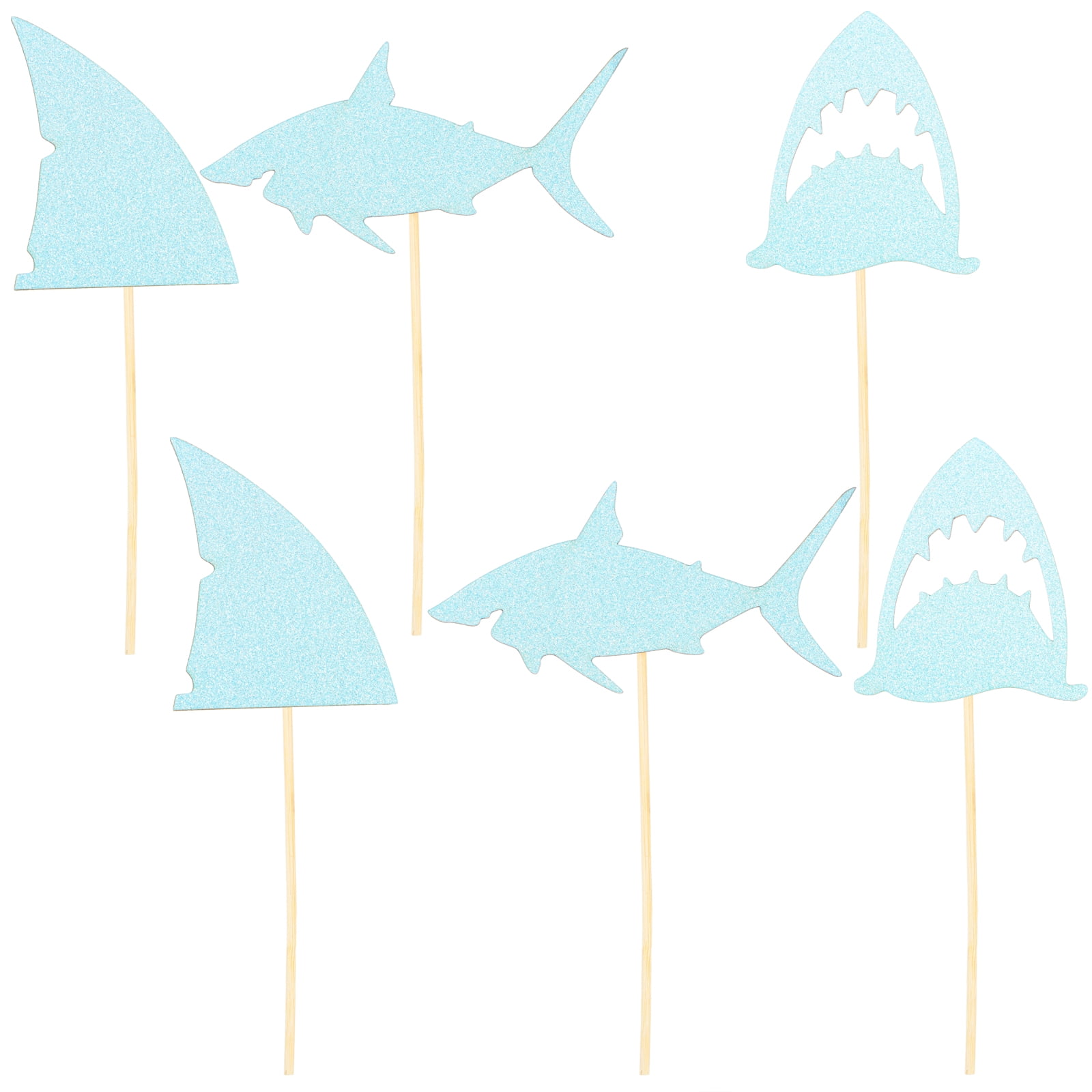 Blue Glitter Shark Cake Toppers for Decor Use Paper Material Creative Cupcake Picks 24 Pieces ...