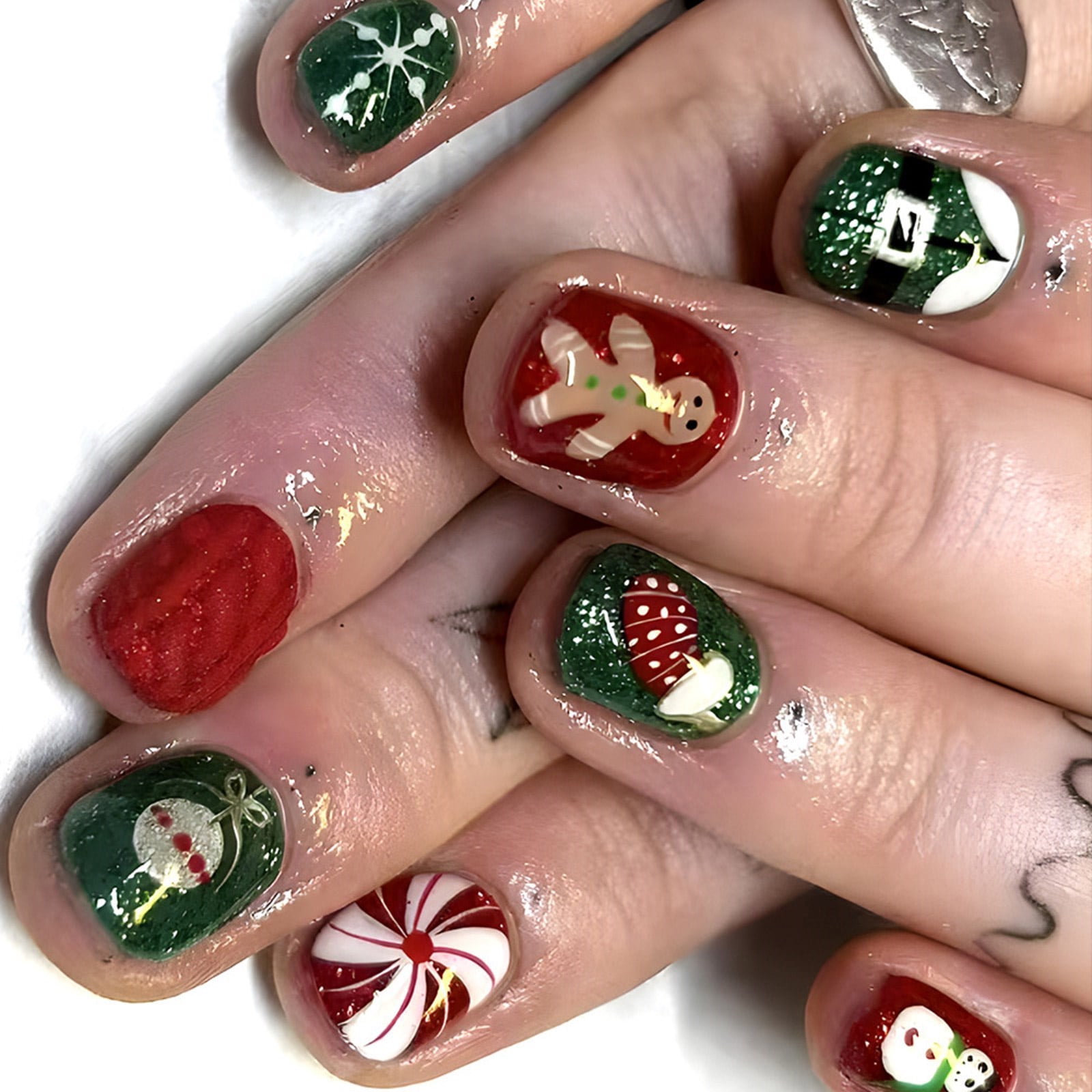 24 Pcs Short Round False Nails Christmas Snowman Artificial Nails ...