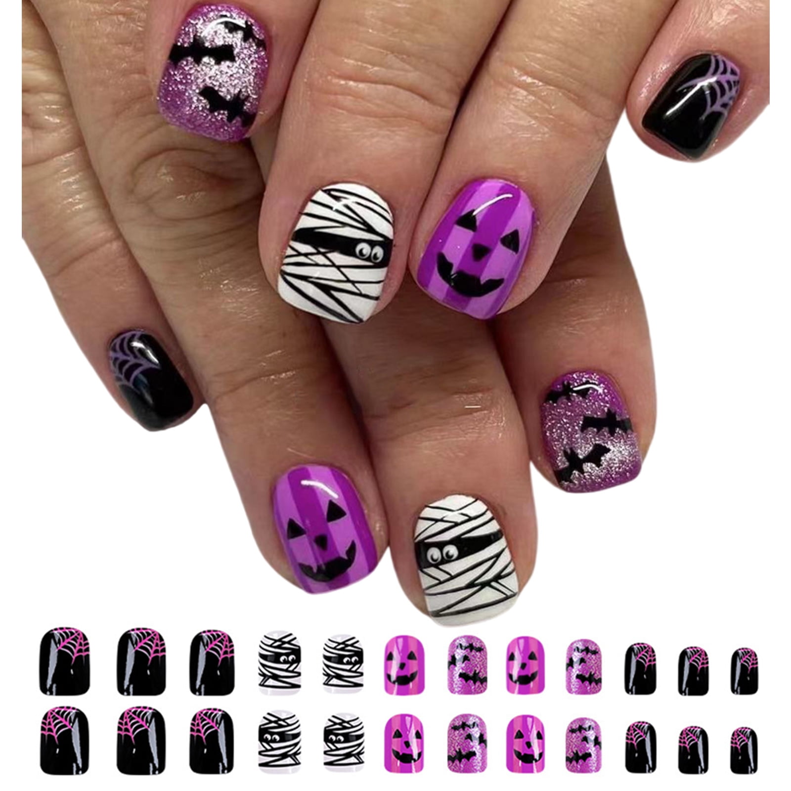 24 Pcs Short Square False Nails Halloween Nails Full Cover Stick on ...