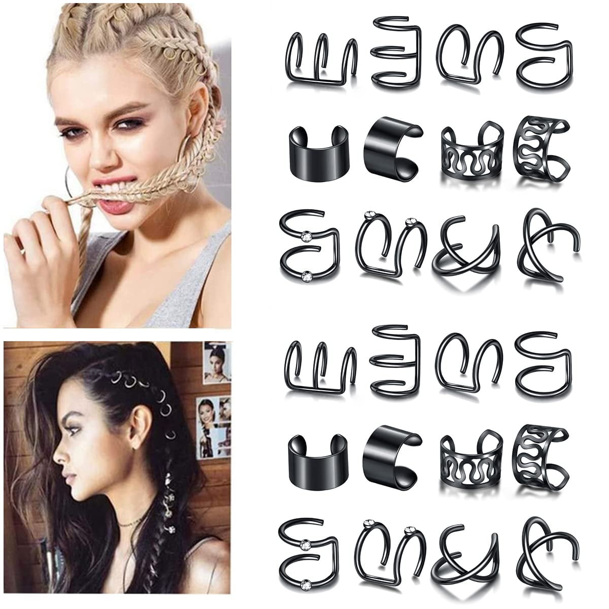 24 Pcs Silver Hair Braids Dreadlock, Non-Piercing Ear Clip Beard Beads ...