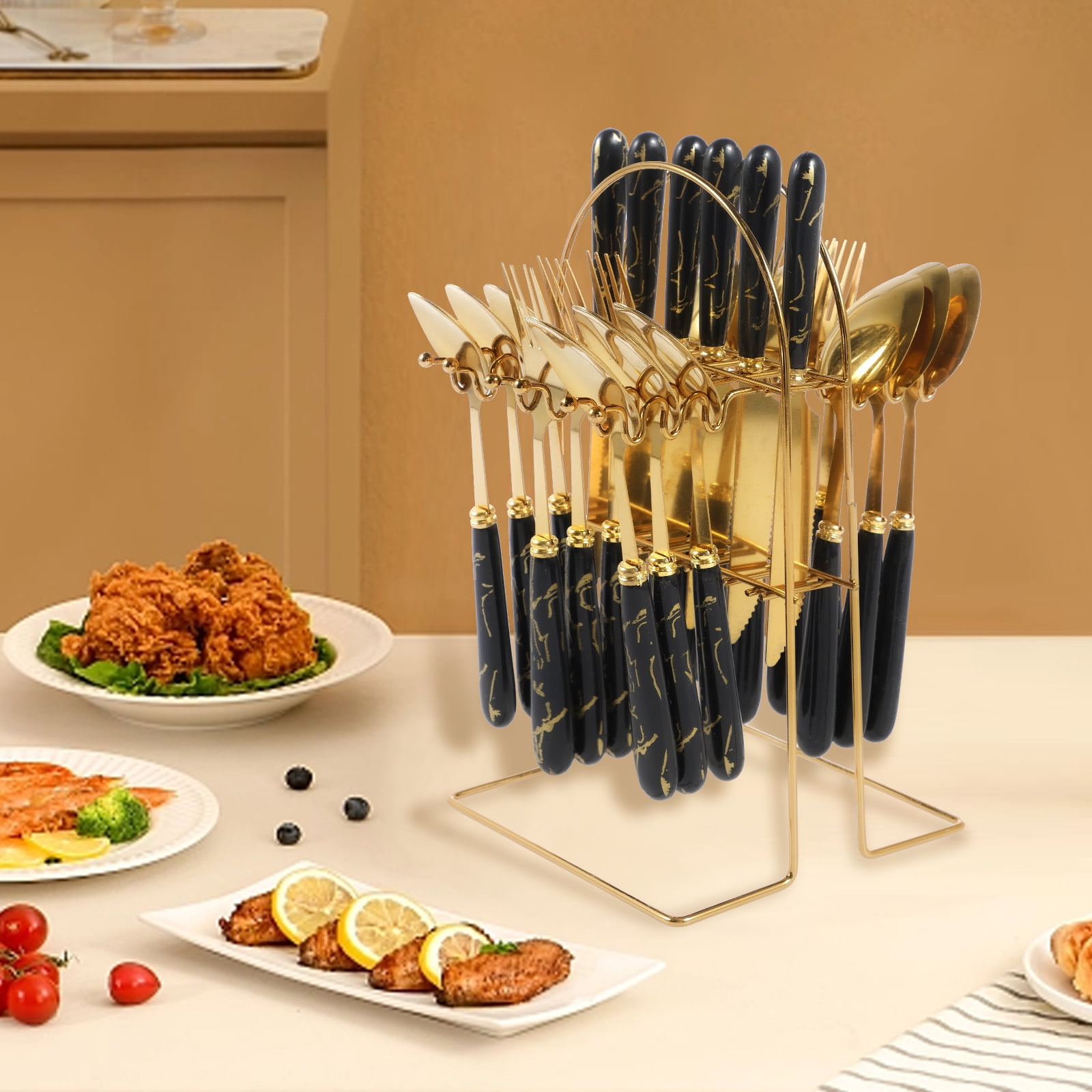 24 Pcs Silverware Set with Hanging Holder Stainless Steel Flatware Set ...