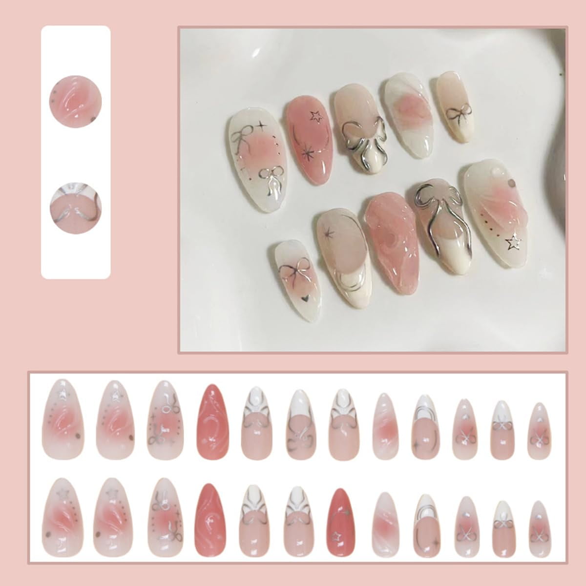 24 Pcs Spring Press On Nails Short Almond,YEFIUO Summer Pink Ombre ...