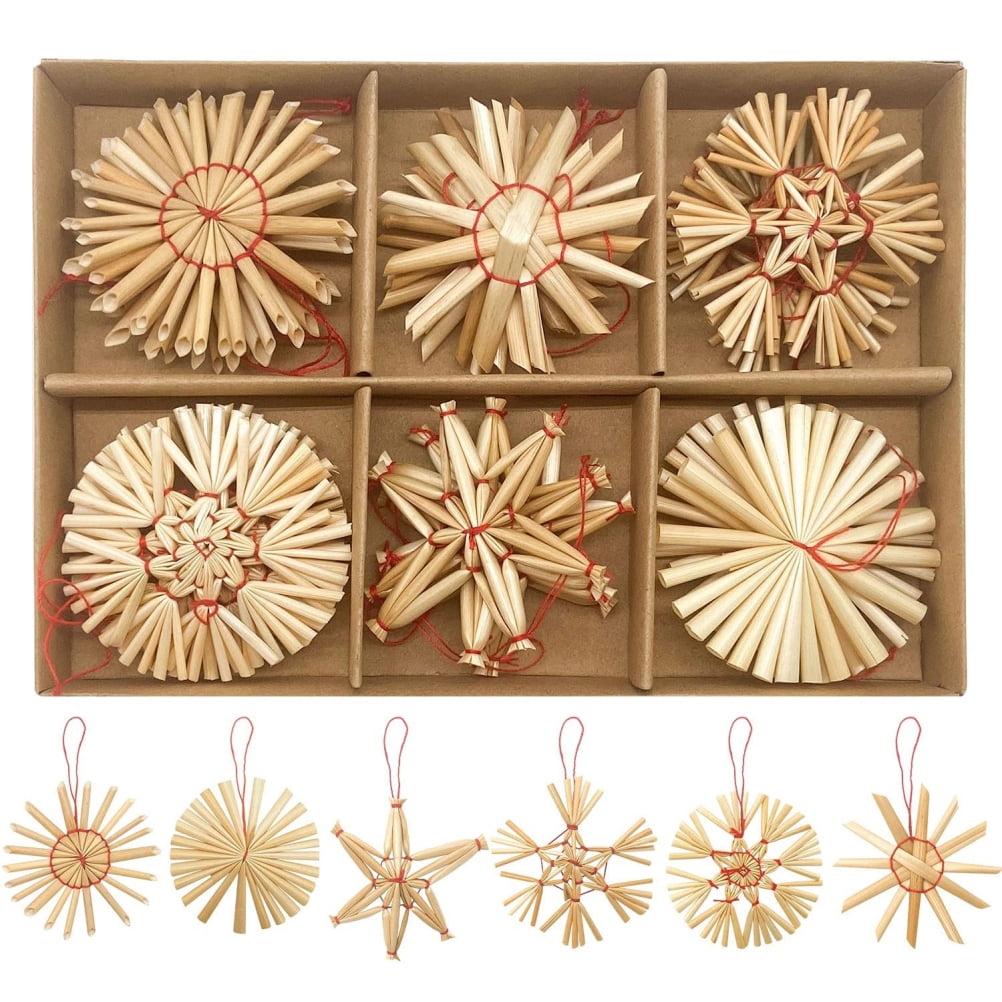 24 Pcs Straw Christmas Tree Decorations 6 Styles 6cm Straw Star ...