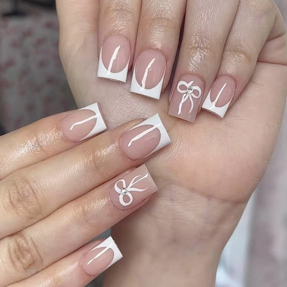 24 Pcs Sweet Bows False Nail White French Tip Artificial Nail Full ...