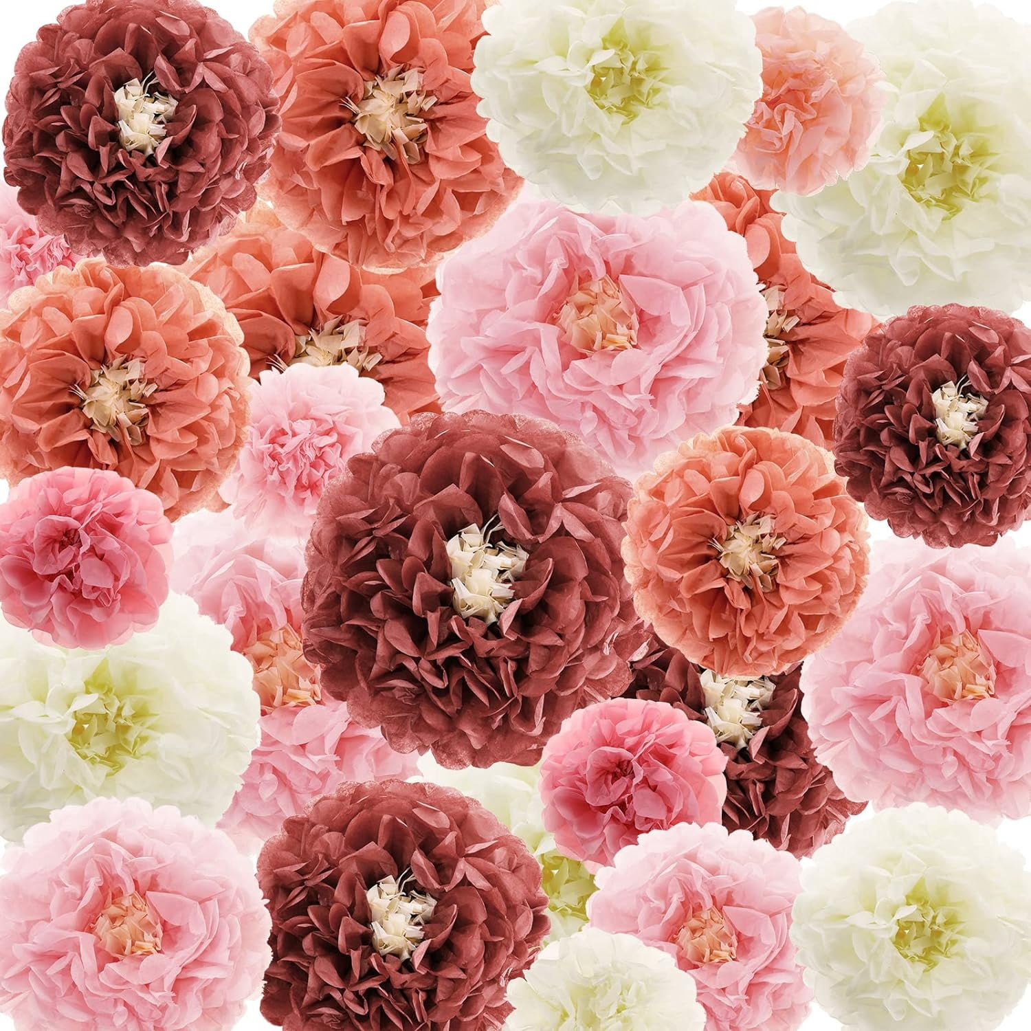 24 Pcs Tissue Paper Pom Poms, 4" to 14" Dusty Rose Tissue Paper Flowers ...