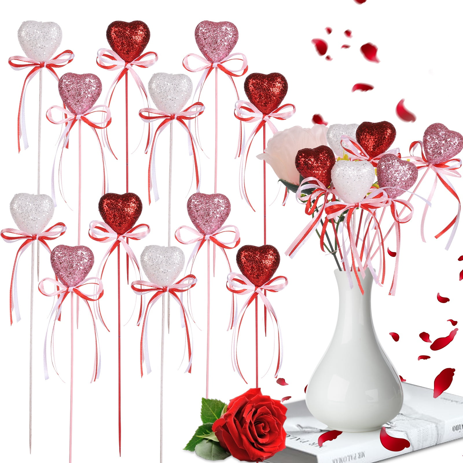 24 Pcs Valentine Glitter Foam Hearts Picks Sparkly Hearts Stems Wooden ...
