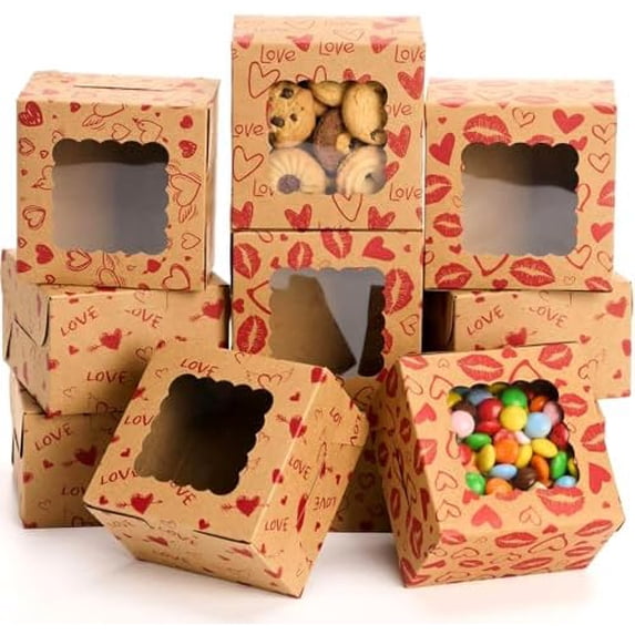 24 Pcs Valentine's kraft Cookie Boxes with Window 4x4x2.5 Inches Heart Love Treat Boxes Cupcake ...