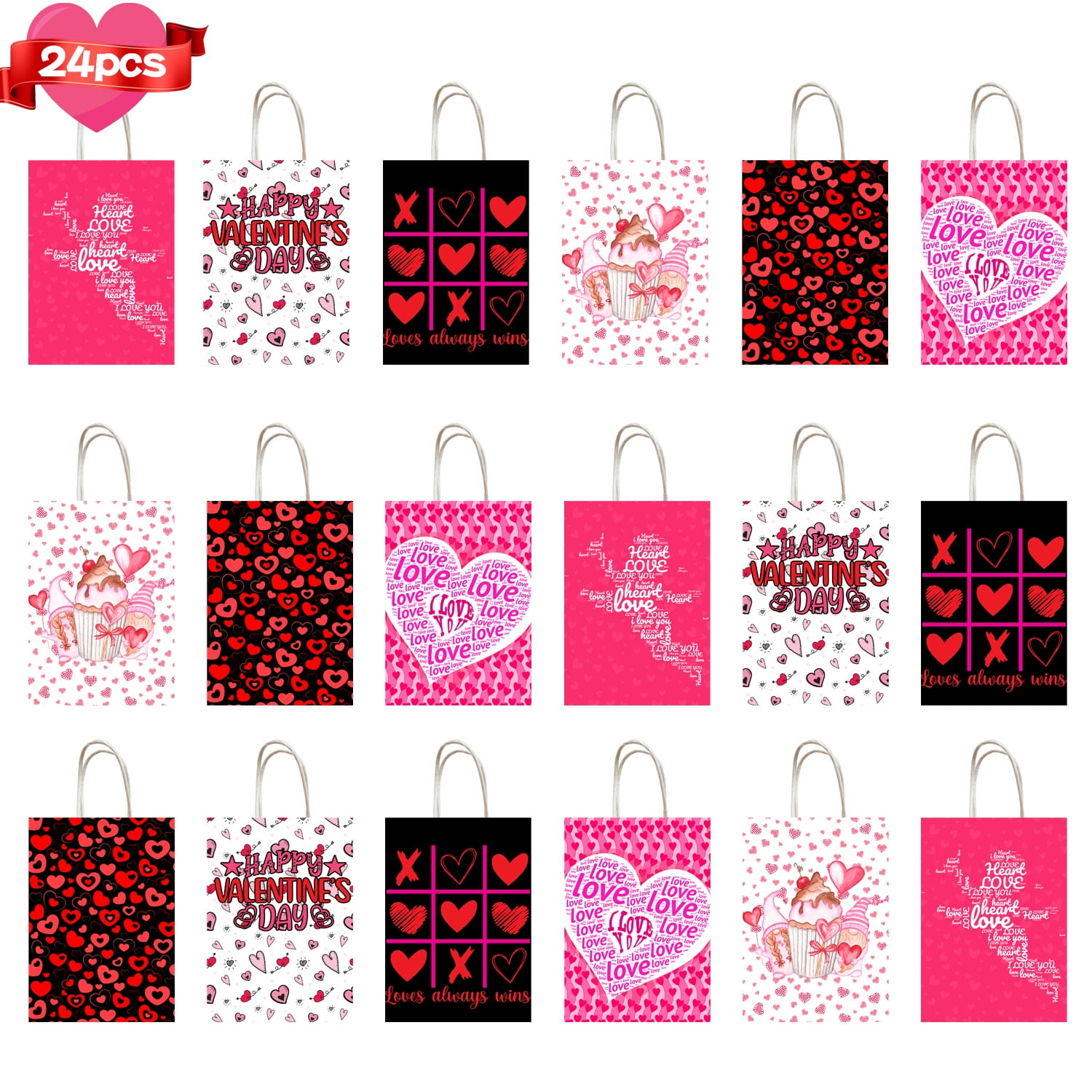 Qwaerplpn Black Valentine's Day Gift Bags, 24 Pcs, Kraft Paper Treat ...