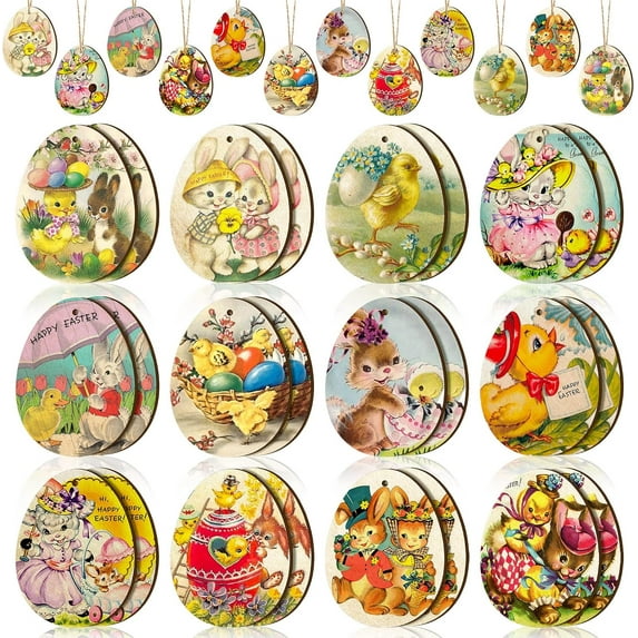 24 Pcs Vintage Easter Wooden Hanging Ornaments Retro Easter Ornaments ...