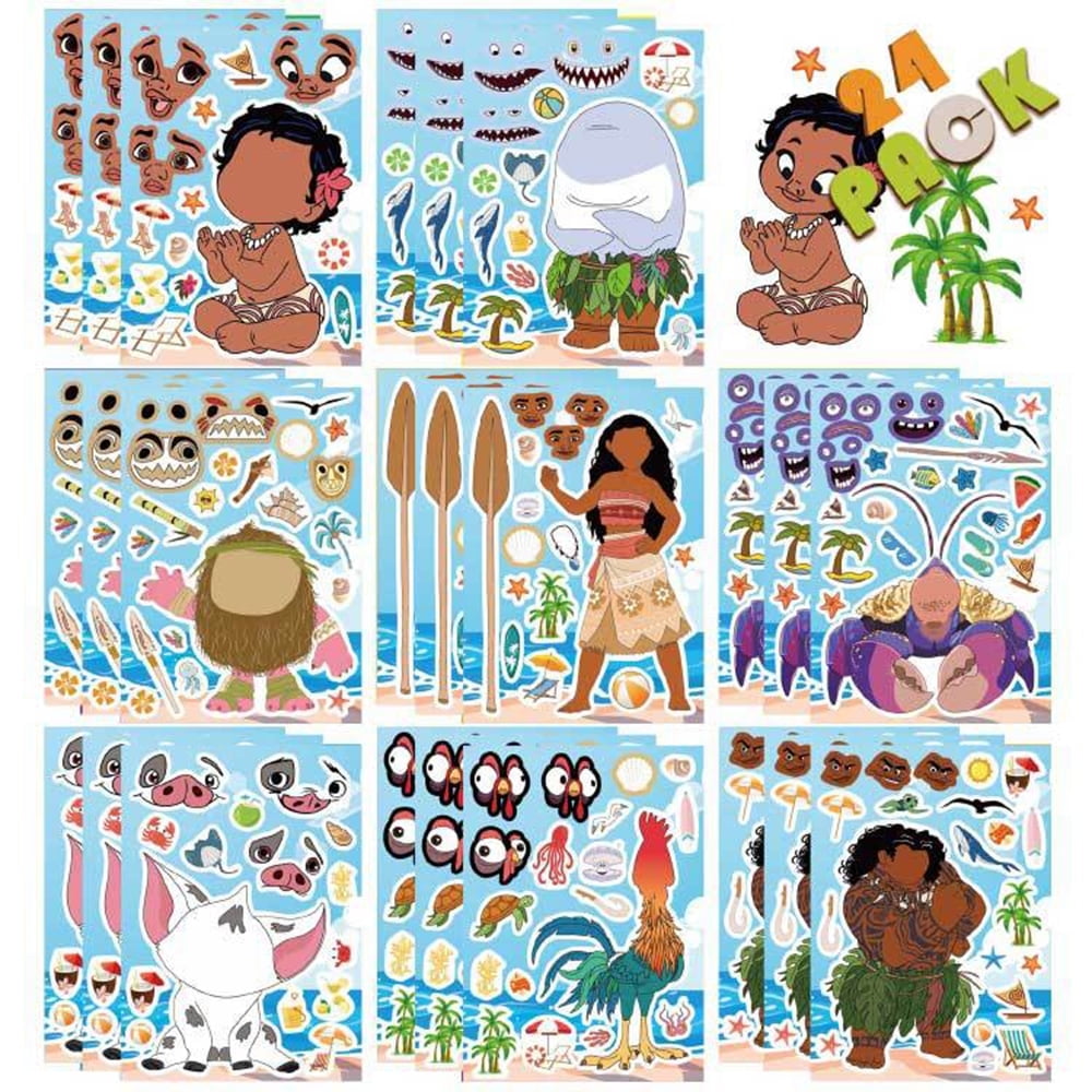 24 Pcs Moana Make-a-face Stickers Pack, Mixed & Matched with 8 Designed ...
