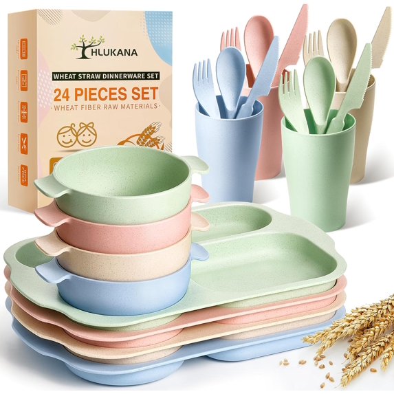 24 Pcs Wheat Straw Dinnerware Cutlery Set, Unbreakable Tableware Set ...
