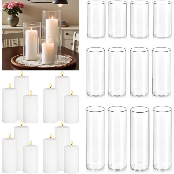 24 Pcs White Pillar Candles with Glass Candle Holder Hurricane Glass ...