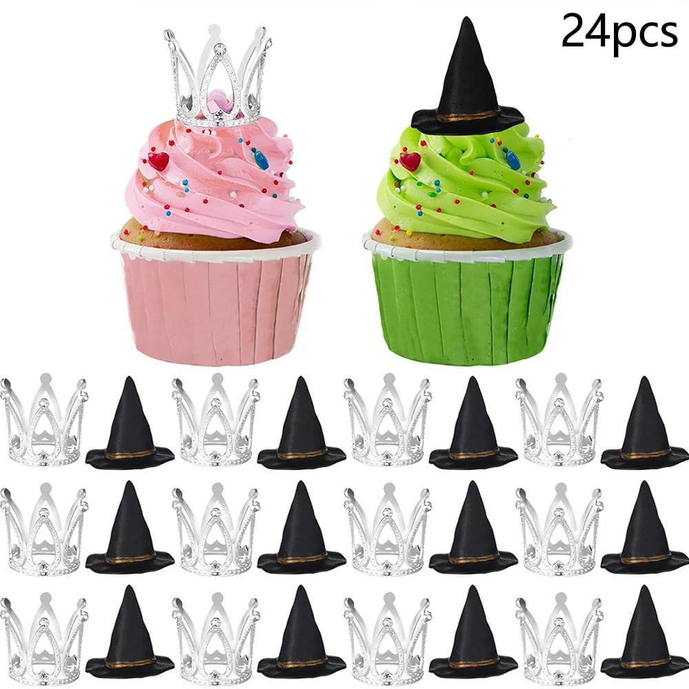 24 Pcs Witch Theme Party Cake Decoration Silver Crown Black Witch Hat Cake Topper Supplies, Mini ...