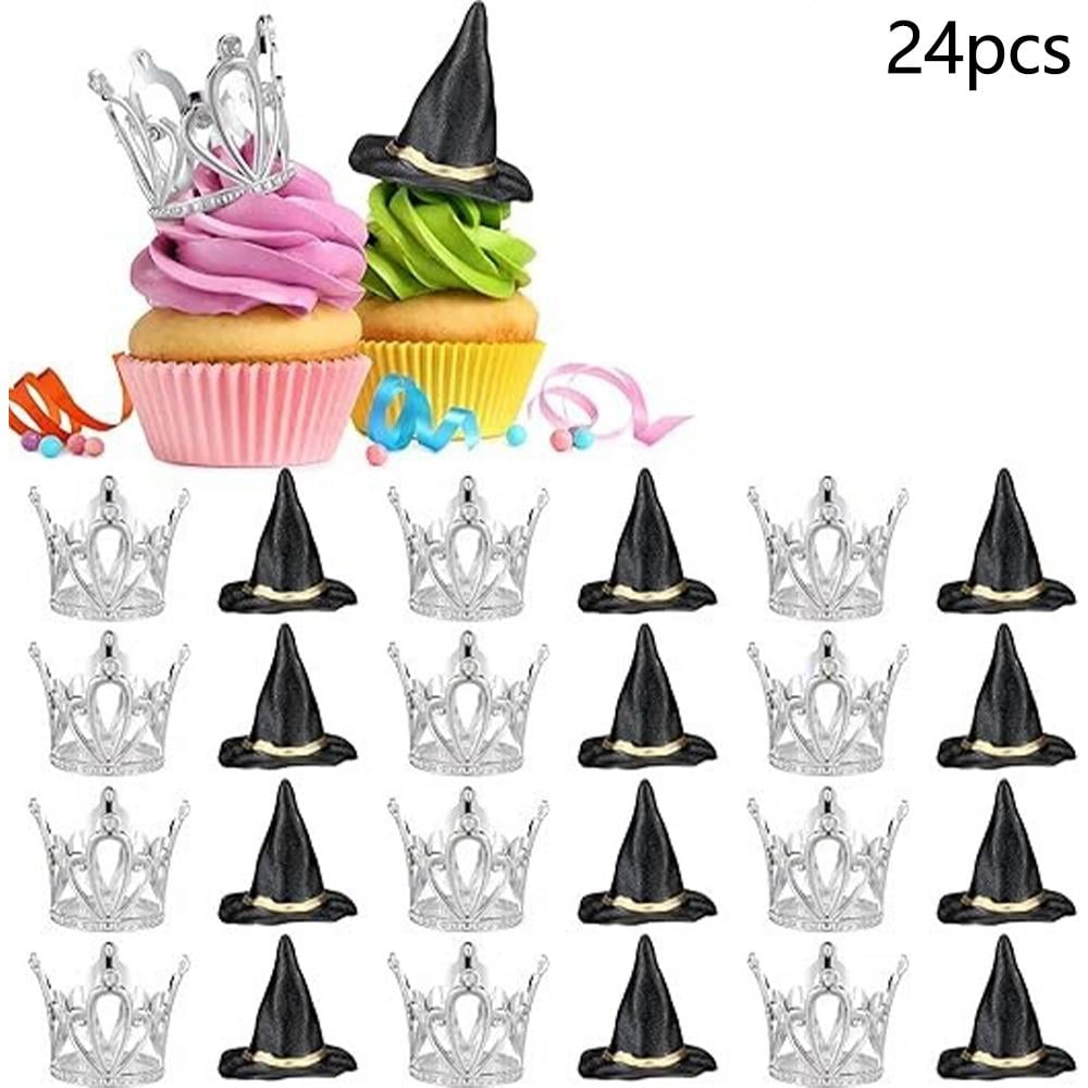24 Pcs Witch Theme Party Cake Decoration Silver Crown Black Witch Hat Cake Topper Supplies, Mini ...