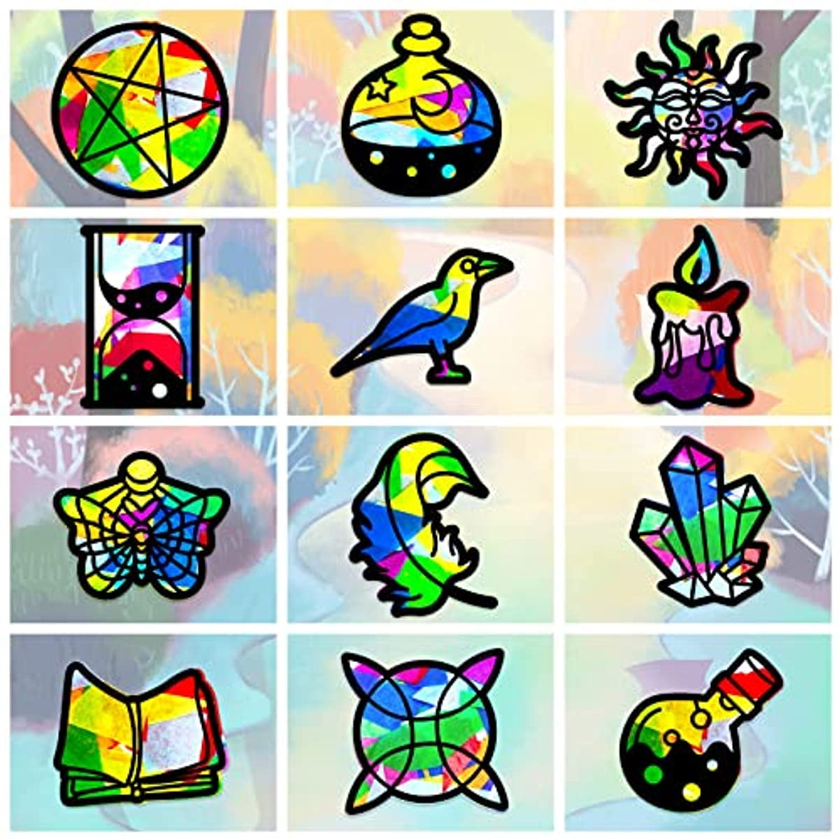 24 Pcs Witchcraft Stained Glass Effect Paper Suncatchers Divination ...