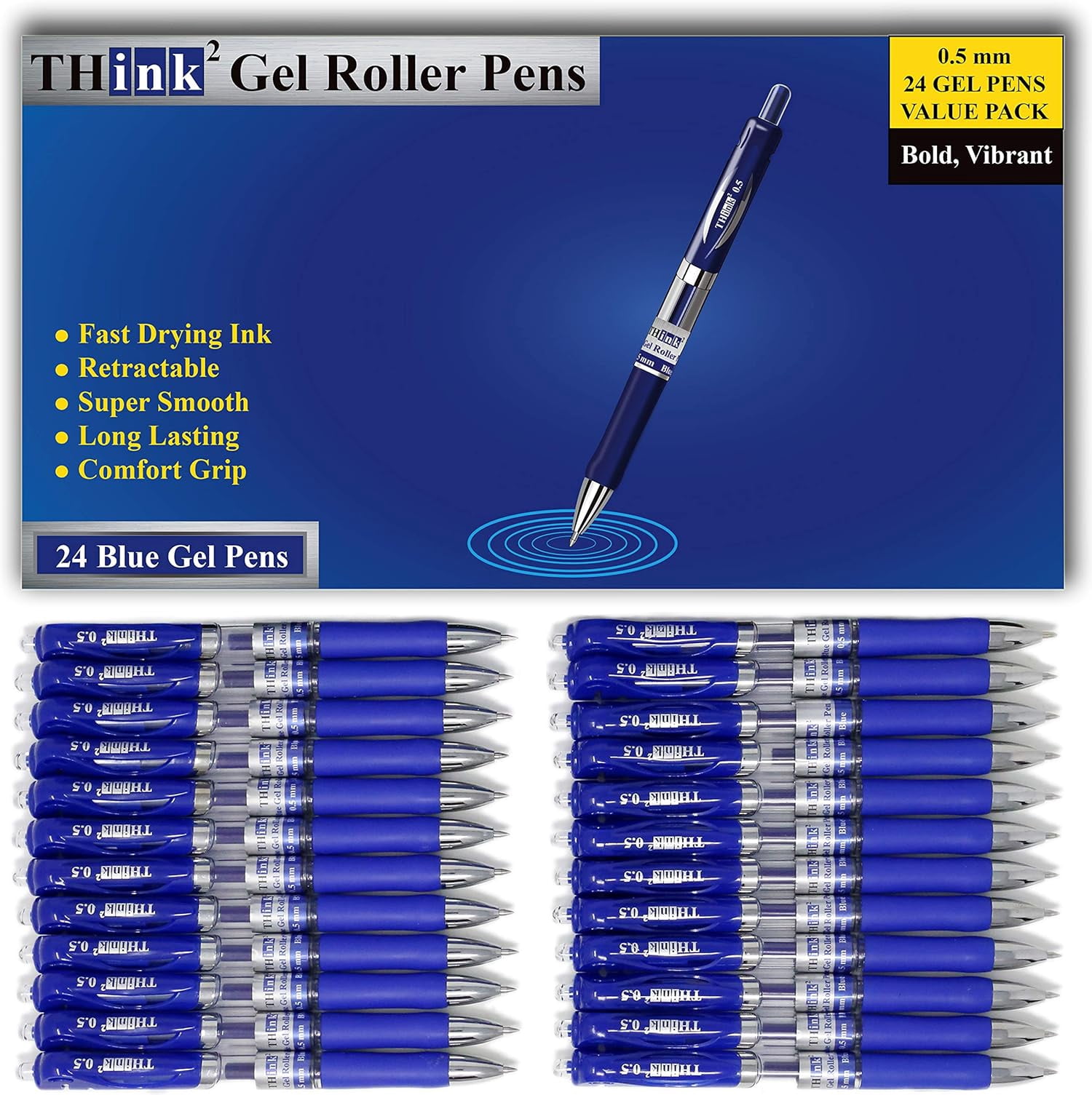[24 Pens - Blue Ink] Think2 Retractable Pens. (24 Blue) Fine Point (0 ...