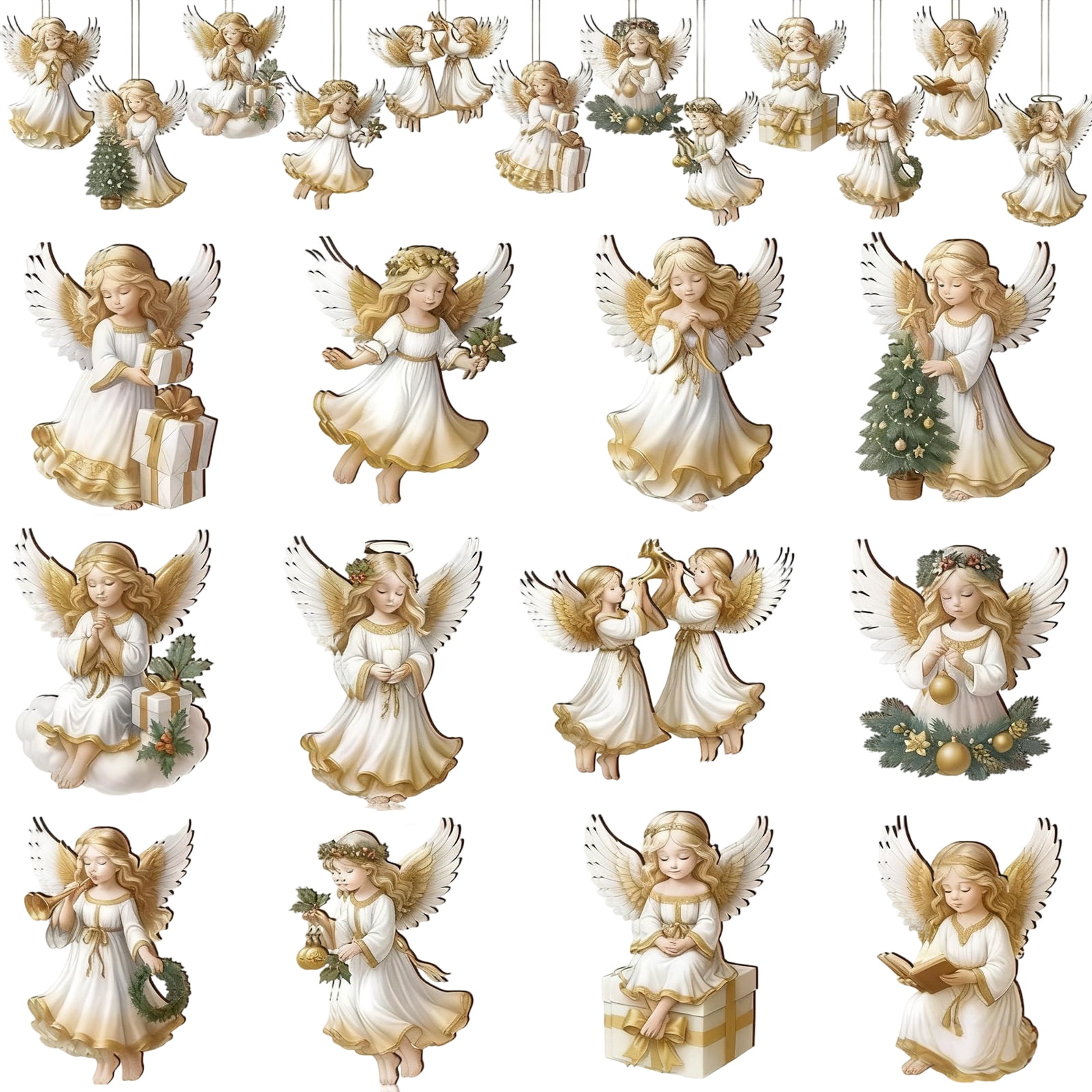 24-Piece 2D Victorian Angel Wooden Decoration Set, Traditional Holiday ...