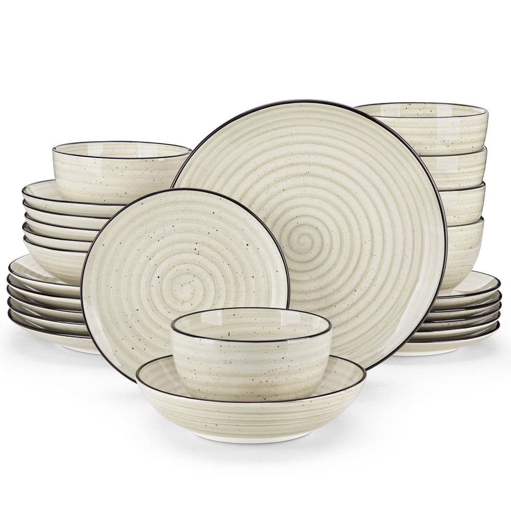 24-Piece Beige Stoneware Dinnerware Set (Service for 6) Bowls and ...