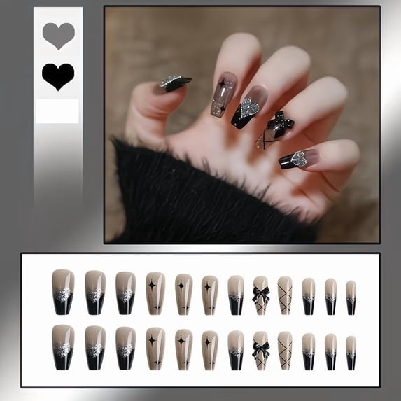 24-Piece Black Glue Press on Nails Set - Removable French Acrylic Nails ...