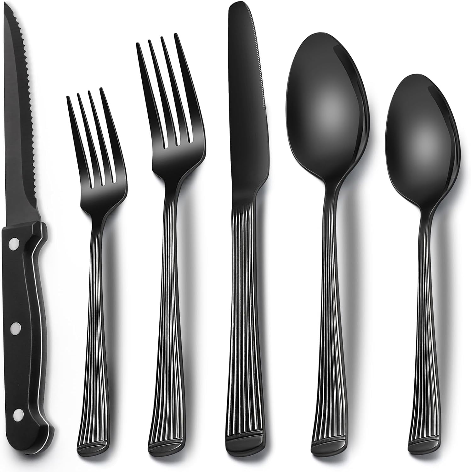 24-Piece Black Silverware Set with Steak Knives, Black Flatware Set for ...
