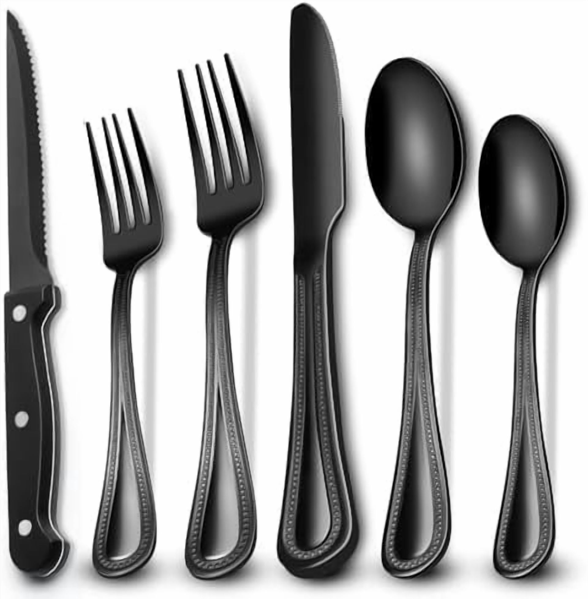 24-Piece Black Silverware Set with Steak Knives, Black Flatware Set for ...