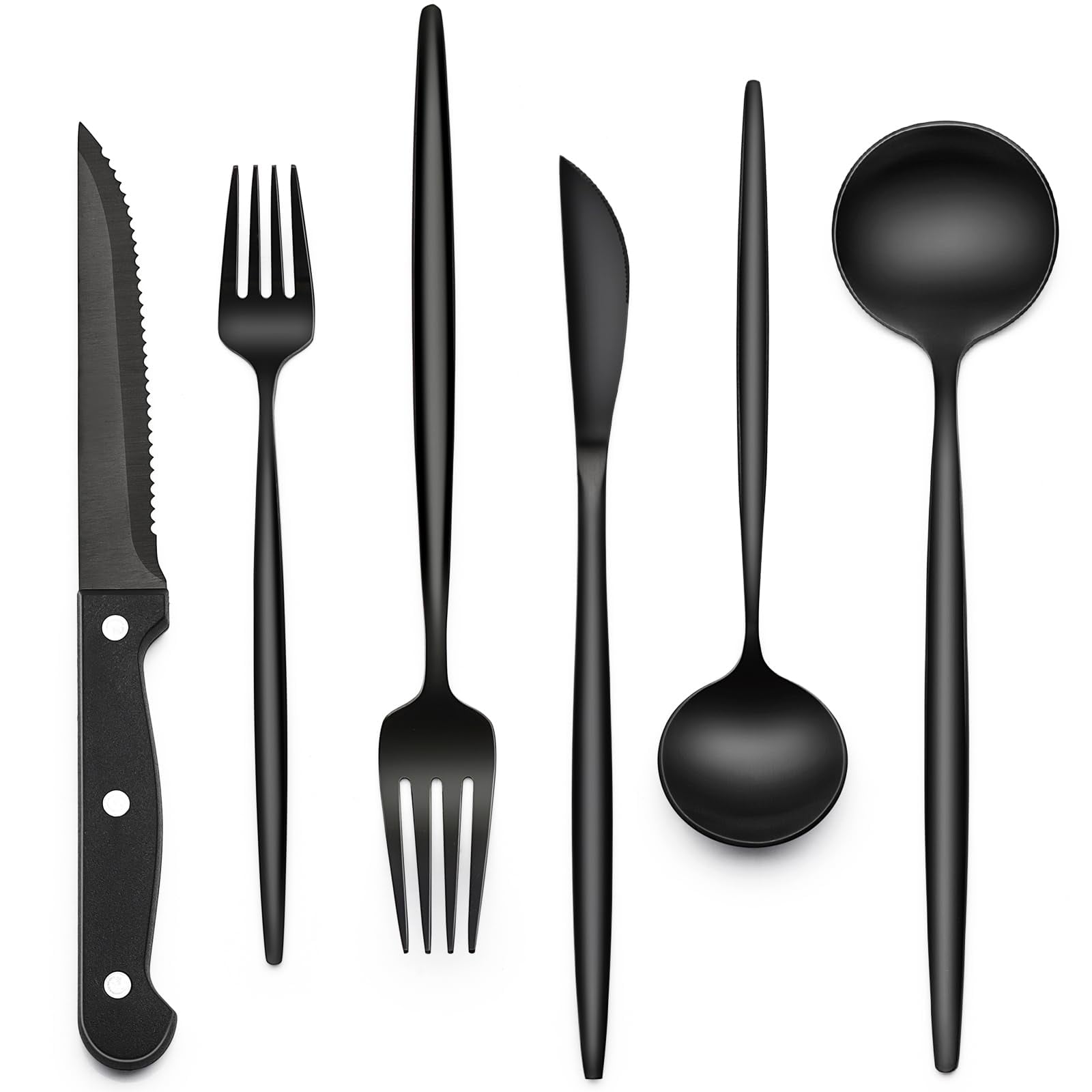24-Piece Black Silverware Set with Steak Knives, Black Flatware Set for ...