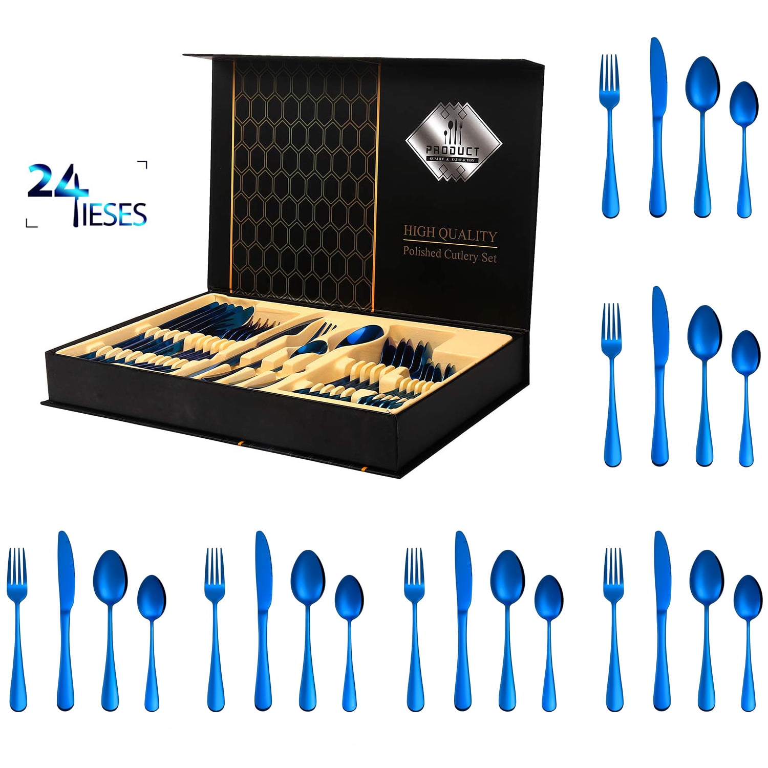 24-Piece Blue Silverware Set, Stainless Steel Flatware Set, Tableware ...