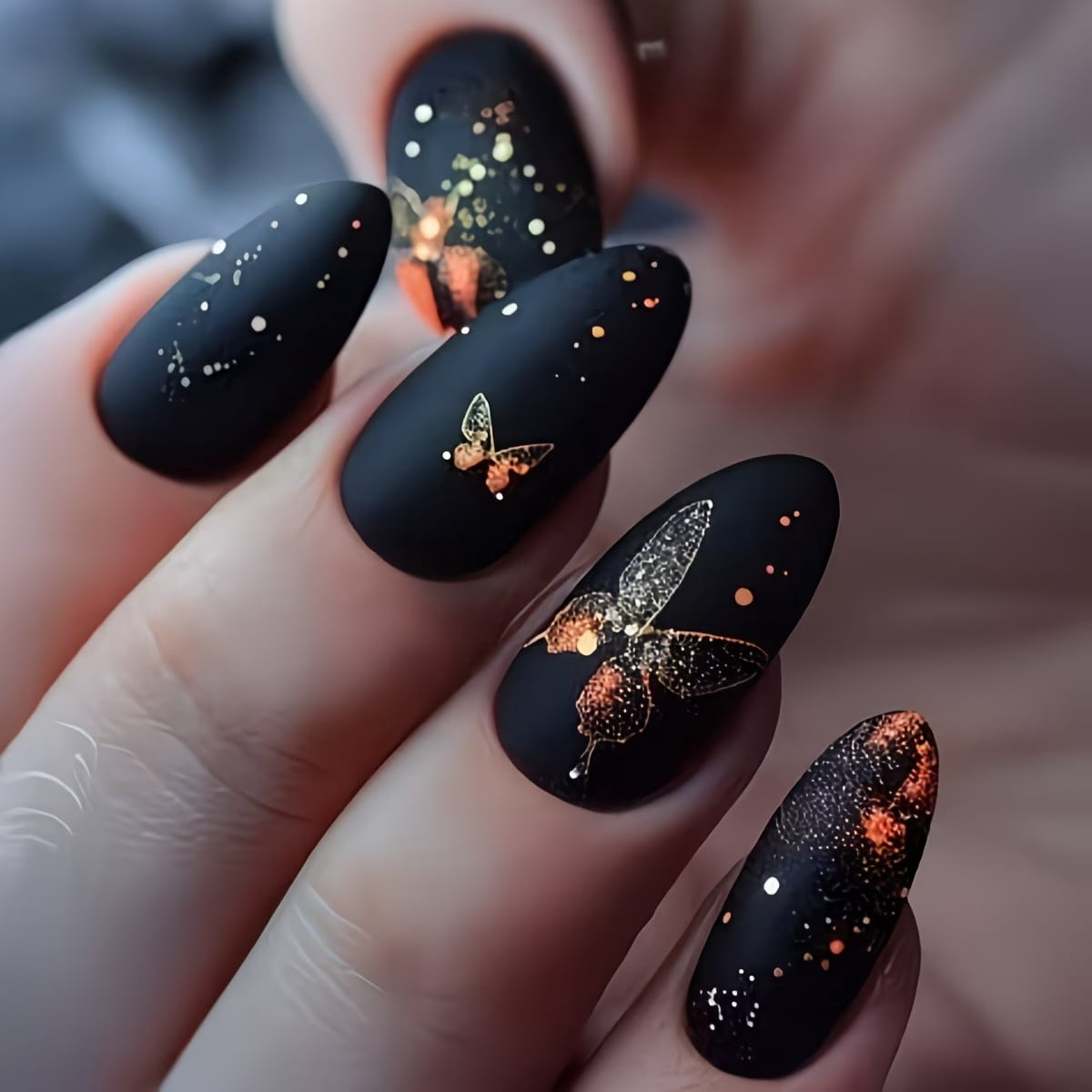 24-Piece Butterfly Pattern Almond Press on Nails Set - Medium Length ...