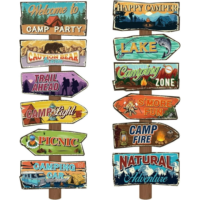 24-Piece Camping Party Sign Set | Rustic Camper Welcome Wall Decor ...