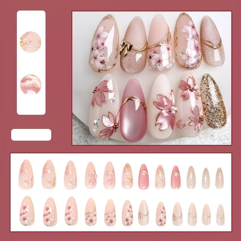 24-Piece Cat Eye Effect Almond Press on Nails Set with Golden Flower ...