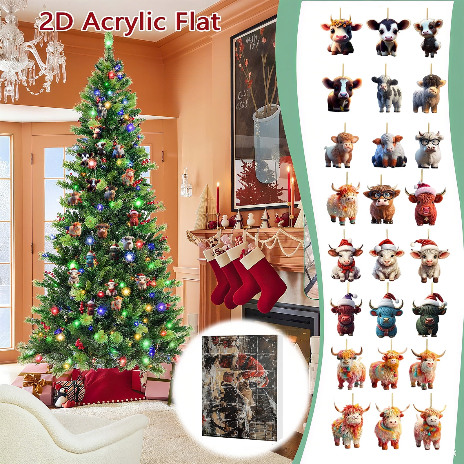 24-Piece Cow Advent Calendar, 2D Christmas Countdown Collection with ...