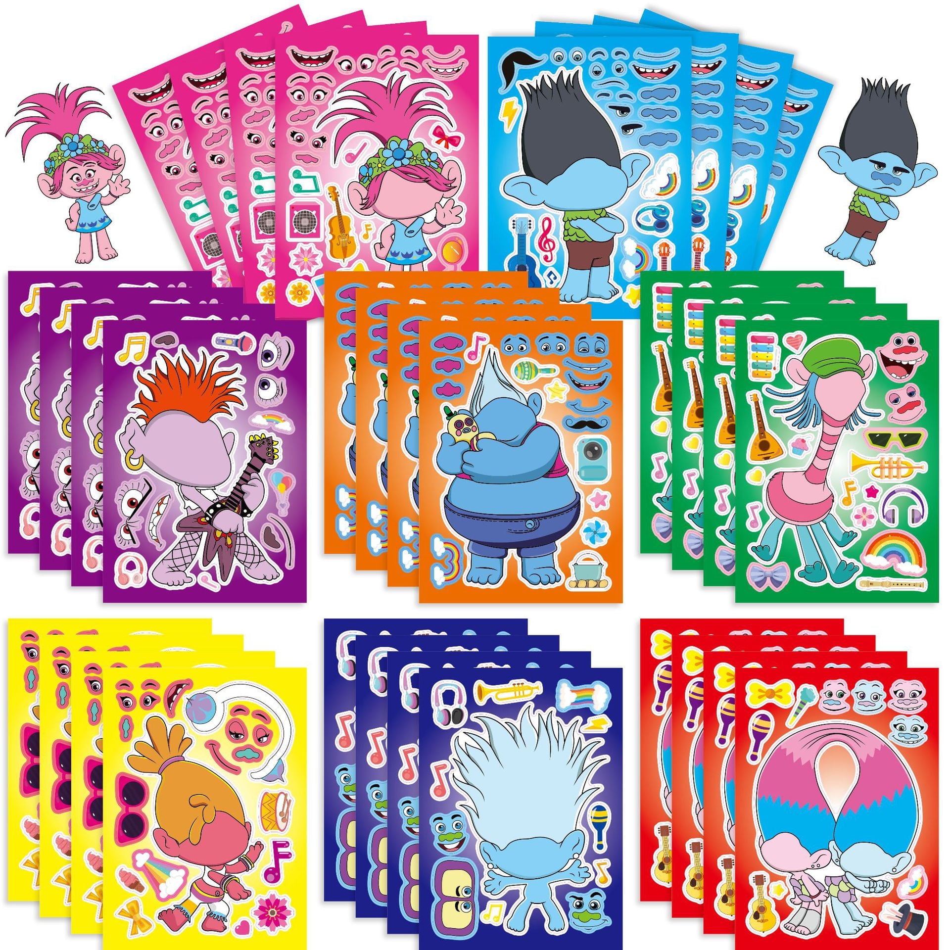 24 Piece Do Face Sticker Pack, Mix and Match 8 Trolls Characters (3 ...