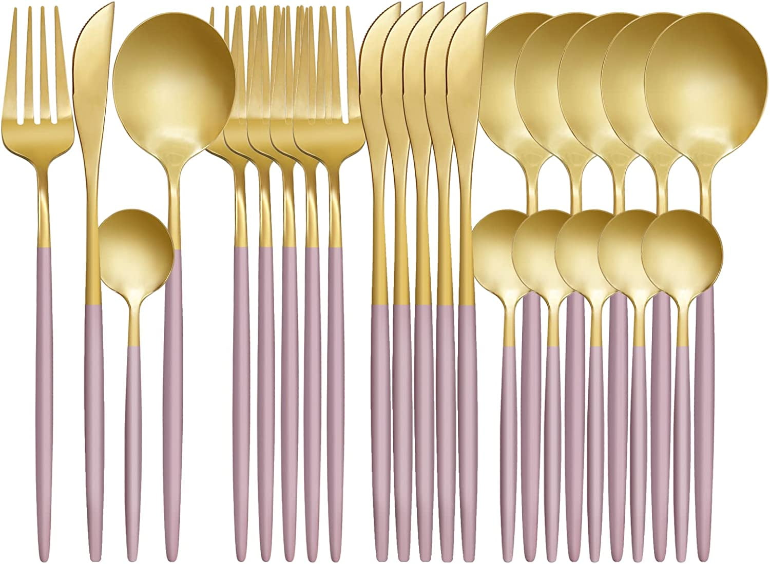24-Piece Flatware Set, Gold Flatware Set for 6 ,Pink and Gold Spoons ...