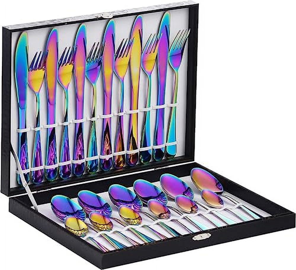 24-Piece Flatware Set, Stainless Steel with Colorful Plated, Multicolor ...