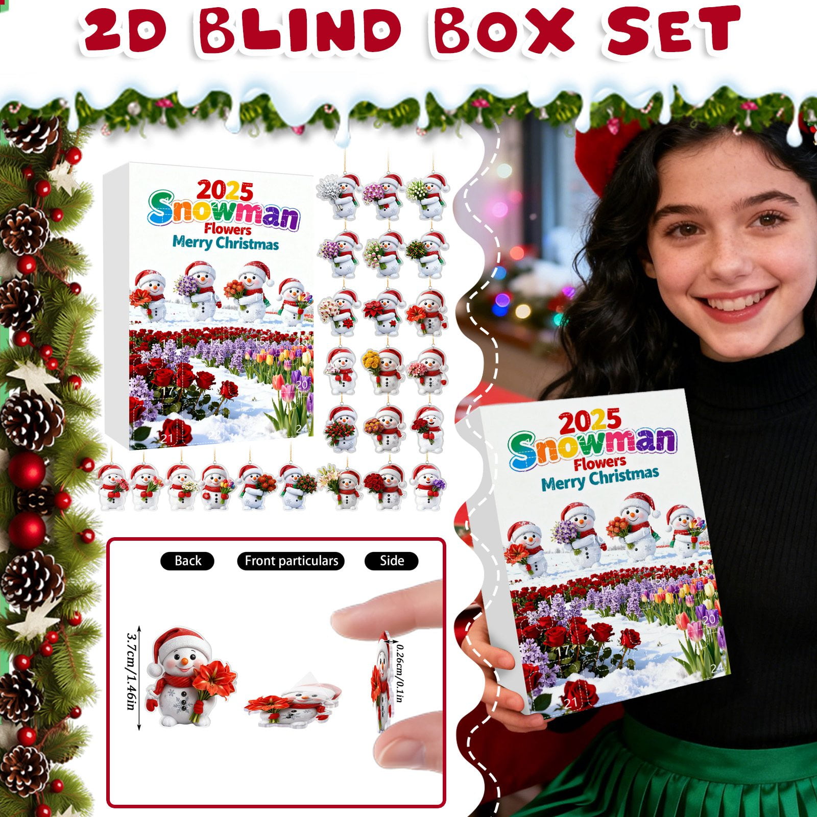 24-Piece Floral Snowman Advent Calendar, 2D Christmas Countdown Set ...