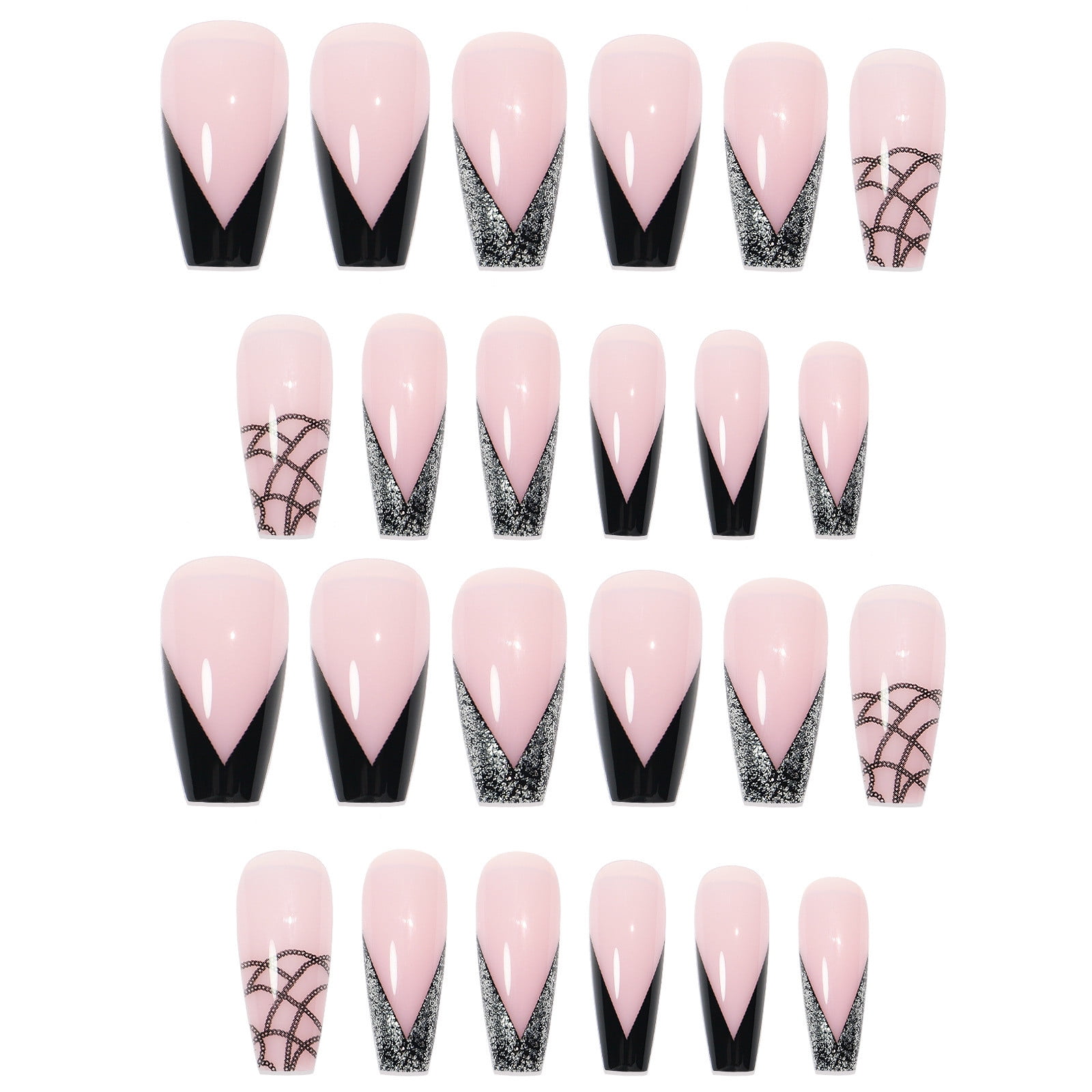 24 Piece French Pattern False Nails in Black and with Jelly Glue for ...