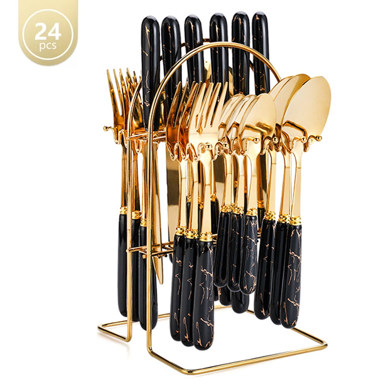 24 Piece Gilded Stainless Steel Flatware Set, Kitchen Utensils ...