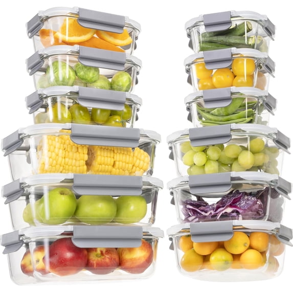 24 Piece Glass Food Storage Containers Set with Airtight Locking Lids ...