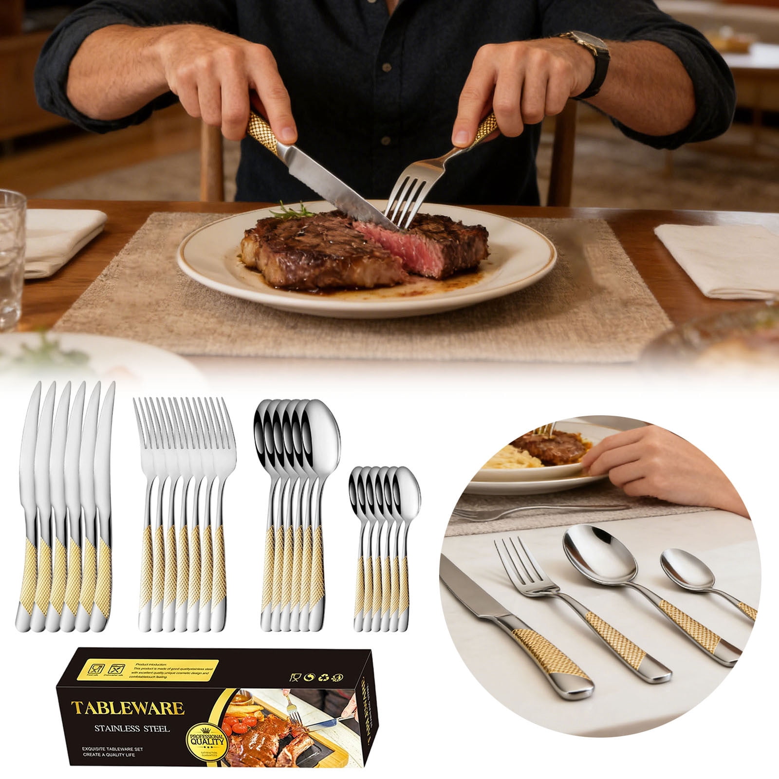 24 Piece Gold Hammered Gold Set for 6, Premium Food-grade Stainless ...