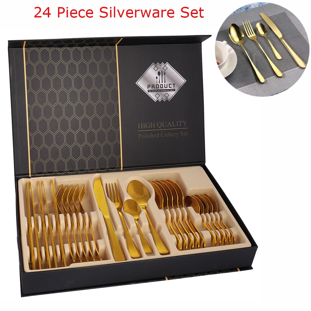 24 Piece Gold Silverware Set Modern Stainless Steel Flatware Set ...
