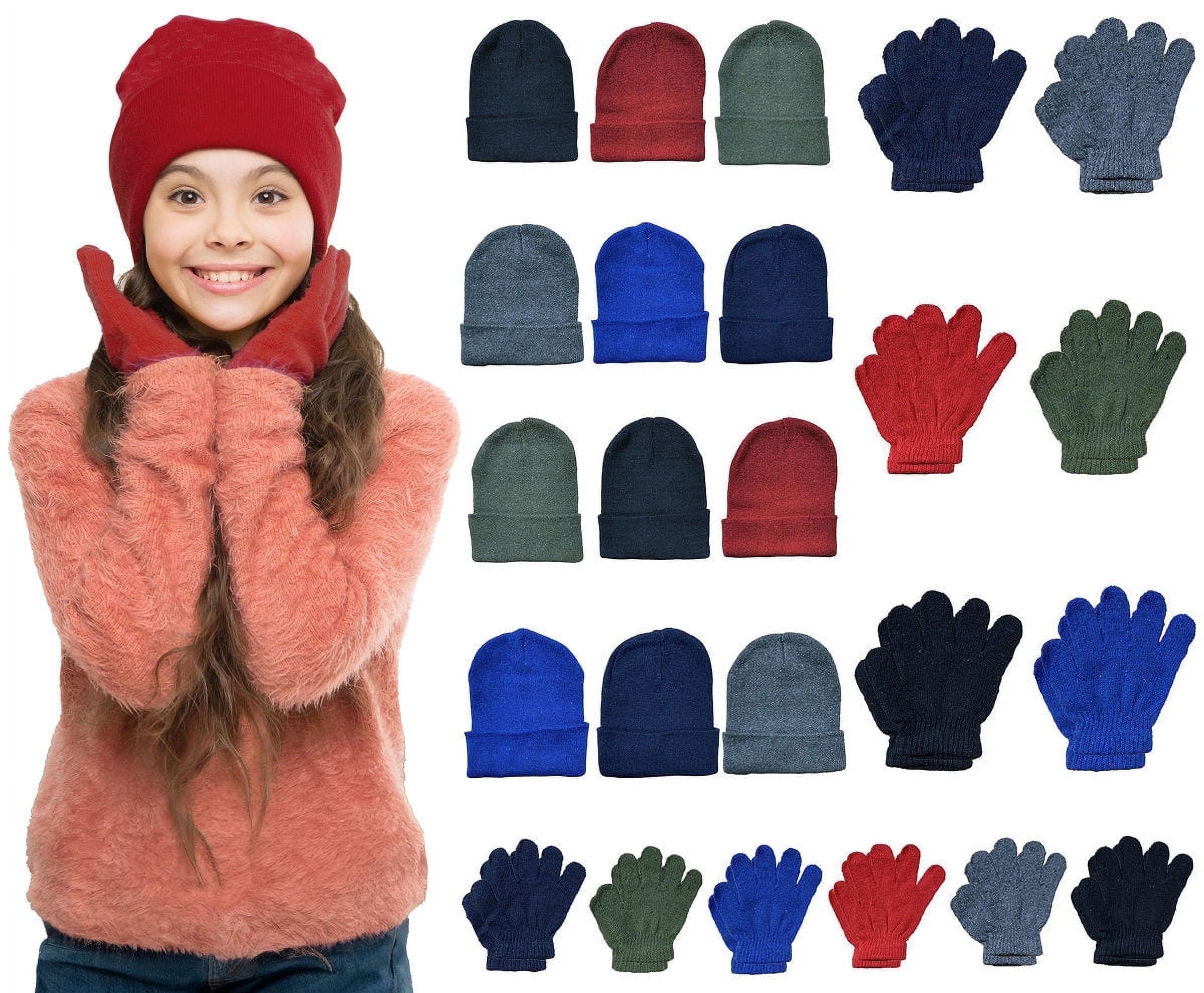 24-Piece Kids Winter Set: Beanie Hats Gloves/Mittens, Boys Girls, Bulk ...