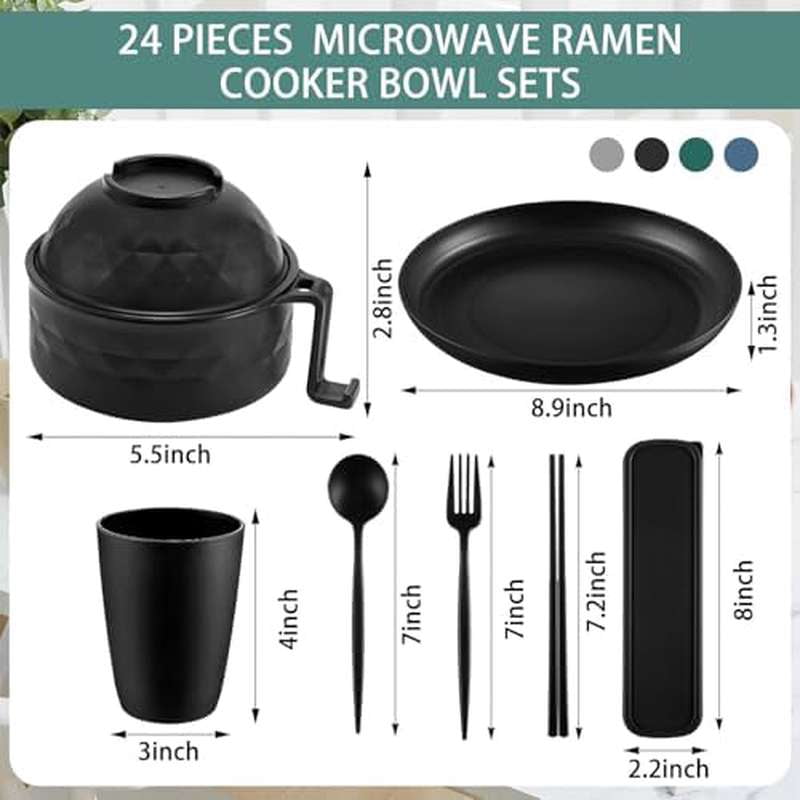 24-Piece Microwave Ramen Cooker Set with Straw, Dinnerware for 4 ...