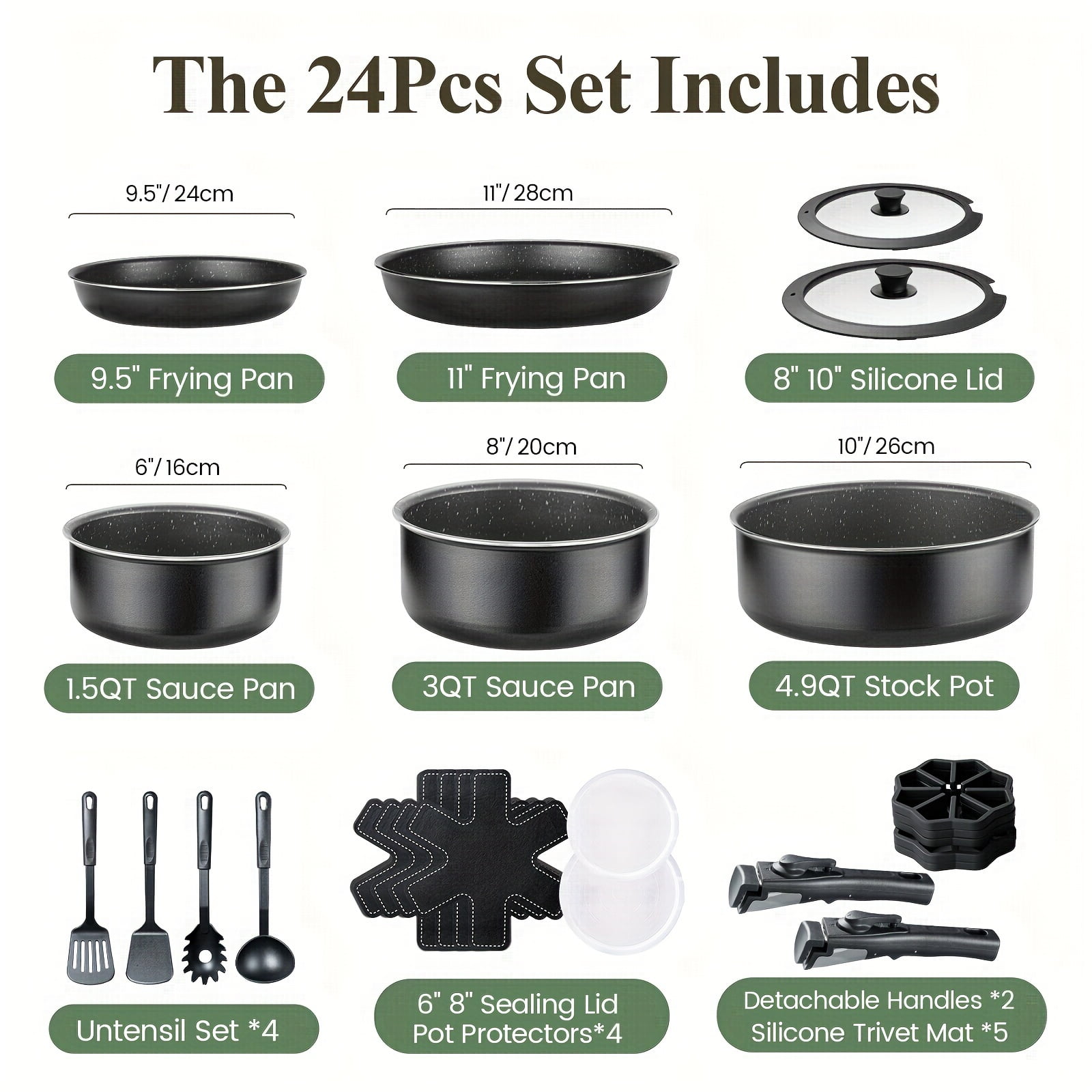 24-Piece Nonstick Pots and Pans Set with Removable Handles & Glass Lids ...