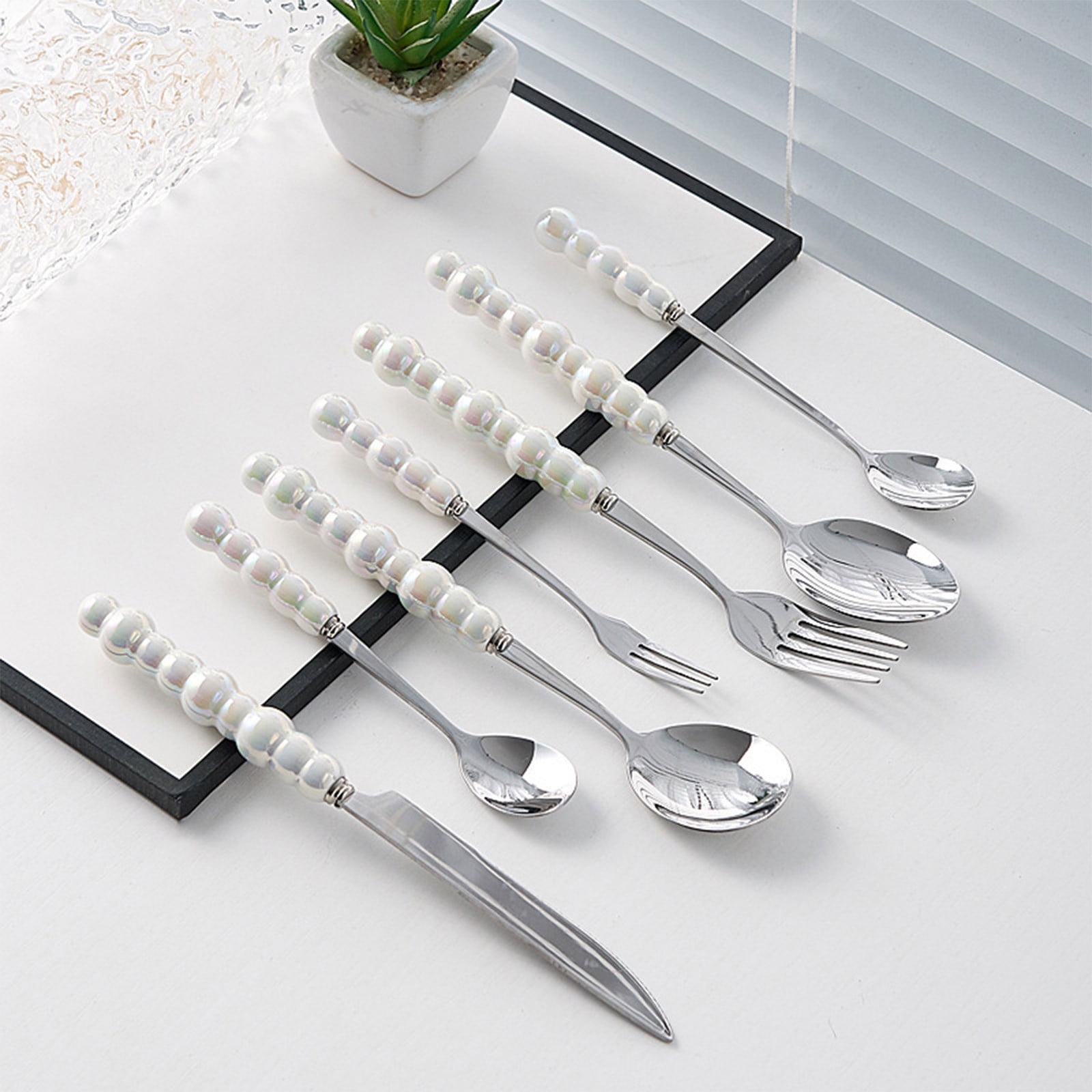 24-Piece Pearl Ceramic Handle Cutlery Set, Stainless Steel Silverware ...
