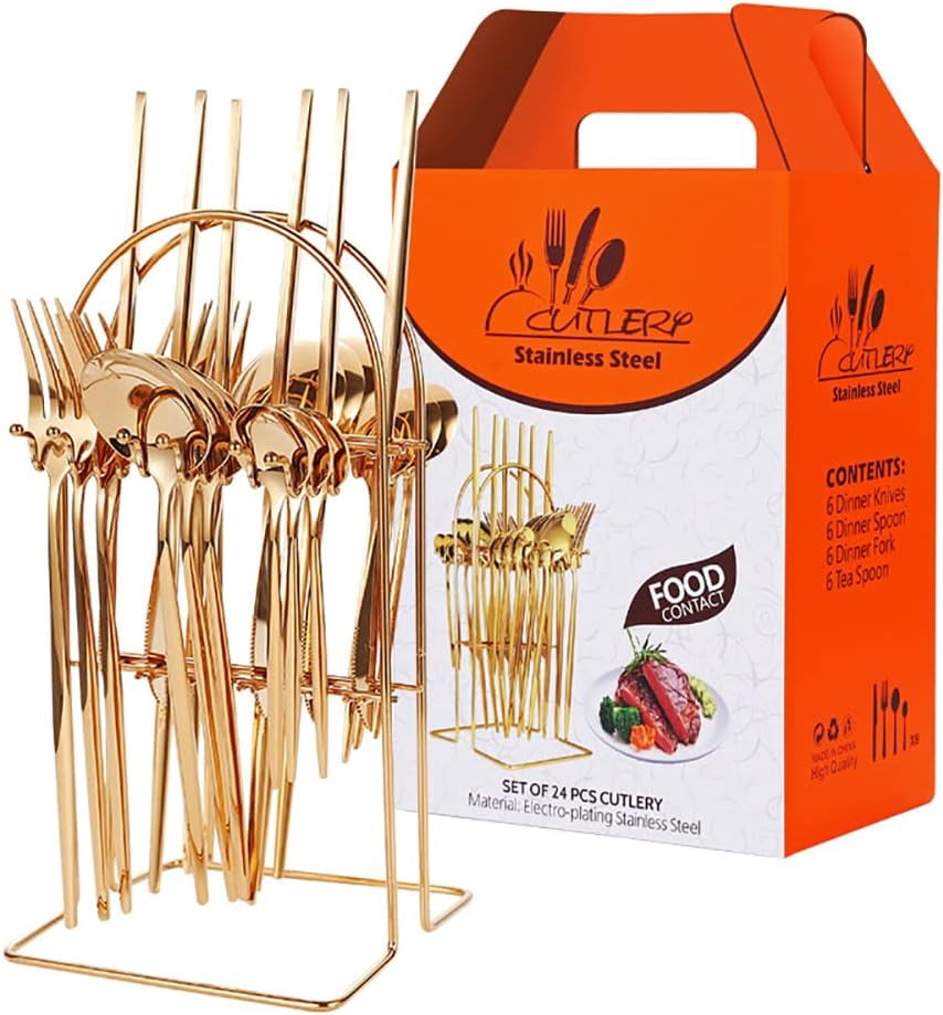 24-Piece Pinkgold Silverware Set Flatware Set for 6, Stainless Steel ...
