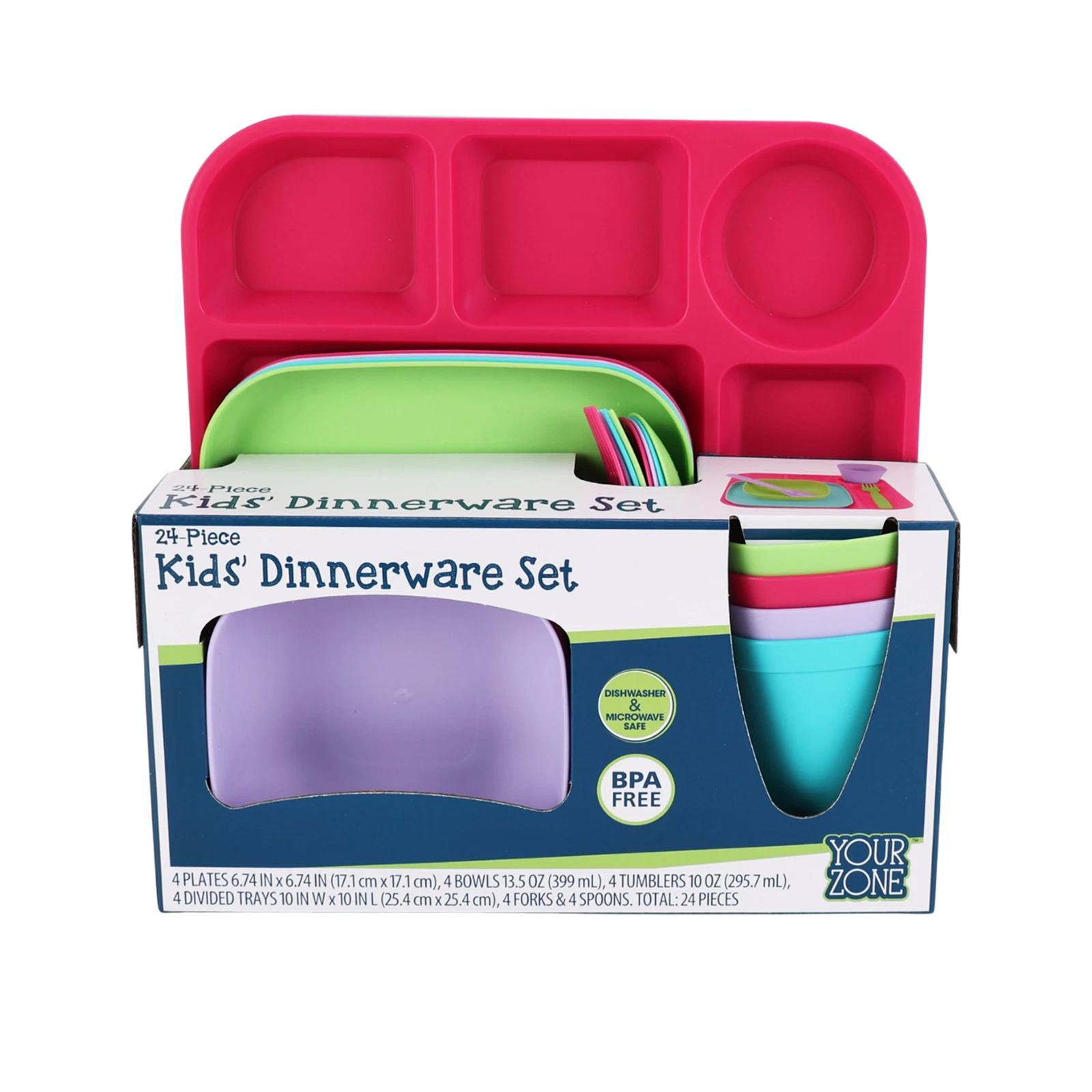 24-Piece Plastic Kids Dinnerware Set With 4 Trays, Bowls, Plates,Forks ...